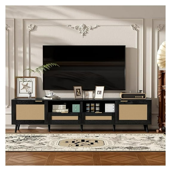 Farmhouse Rattan TV Stand for TVs up to 85'', Media Console with 2 ...