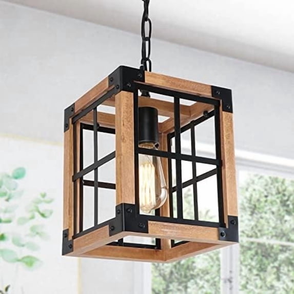 Farmhouse Rectangle Chandelier Light Fixture, 1-Light Metal Wood Linear ...