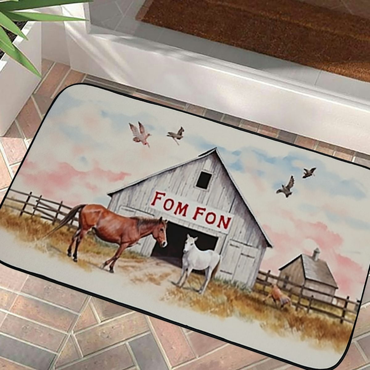 Farmhouse Red Barn Indoor Door Mat, Non-Slip Entrance Mat Cow Horse ...