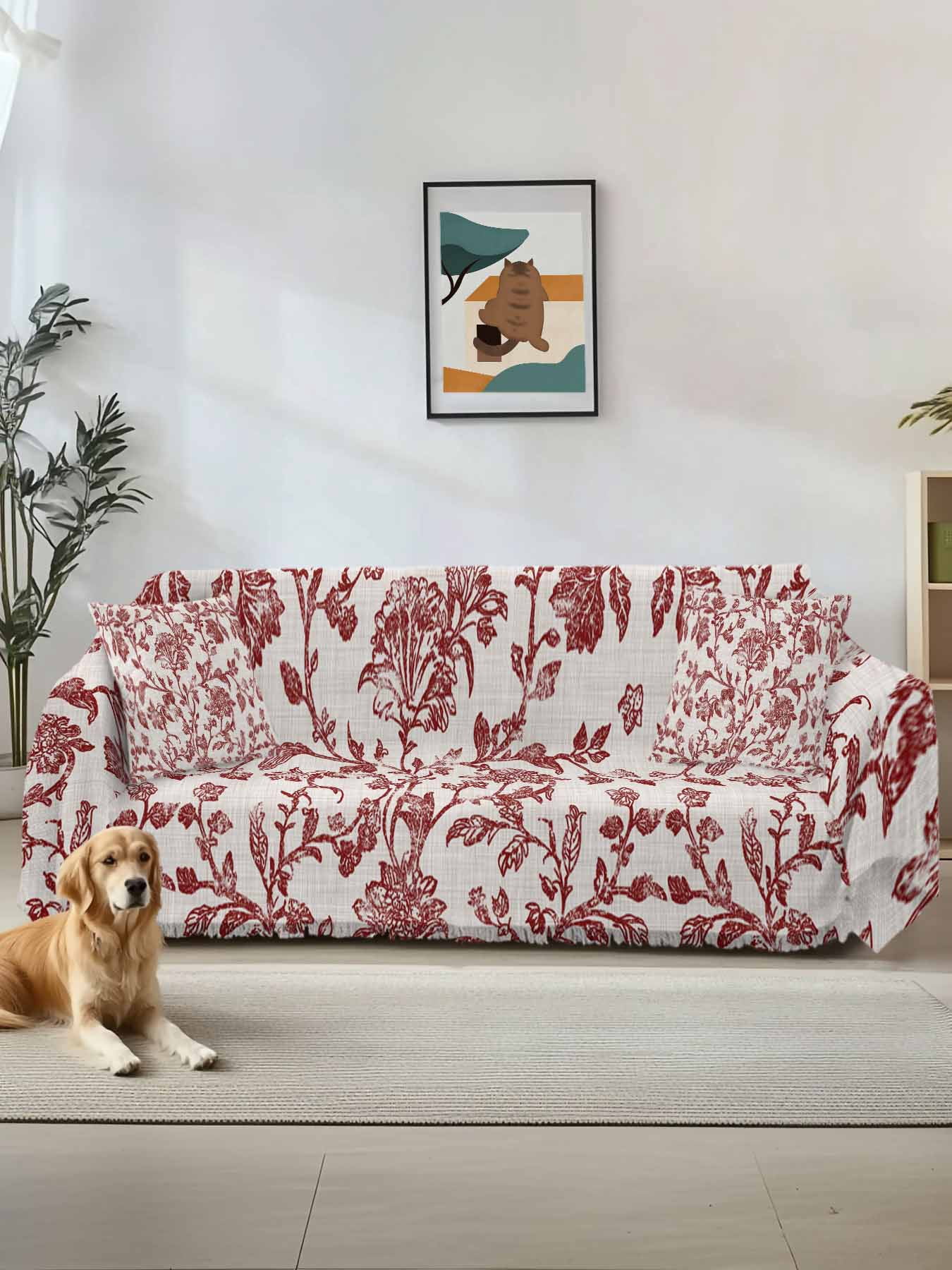 Farmhouse Red Couch Cover for 2 Cushion Sofa, Vintage Flower Leaf ...