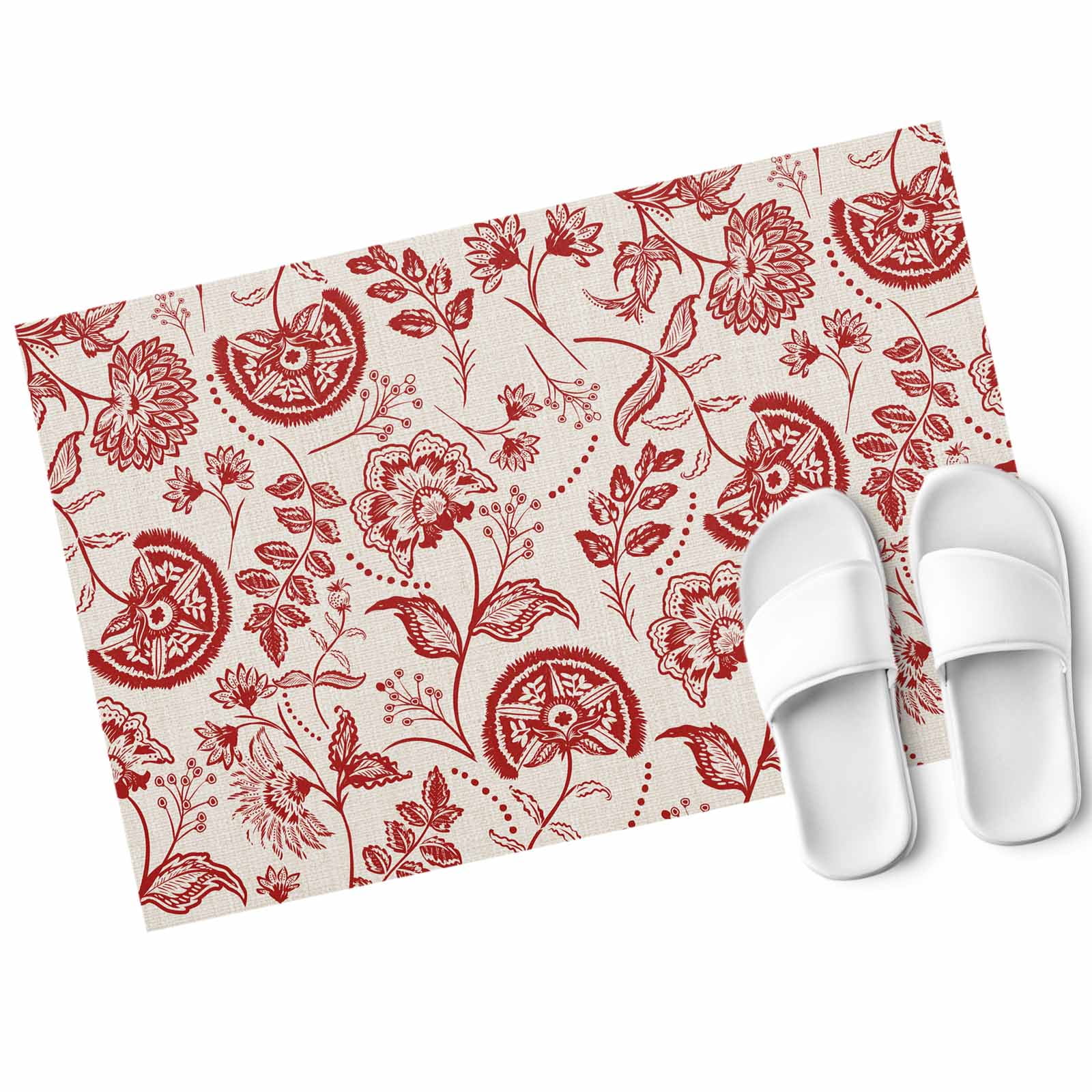 Farmhouse Red Floral Door Mat Linen Boho Flower Rustic Country Non Slip ...