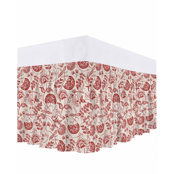 Farmhouse Red Floral Ruffle Bed Skirt California King Size Linen Boho ...