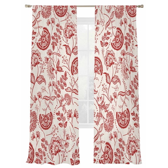 Farmhouse Red Floral Sheer Curtains 2 Panels Set Linen Boho Flower ...