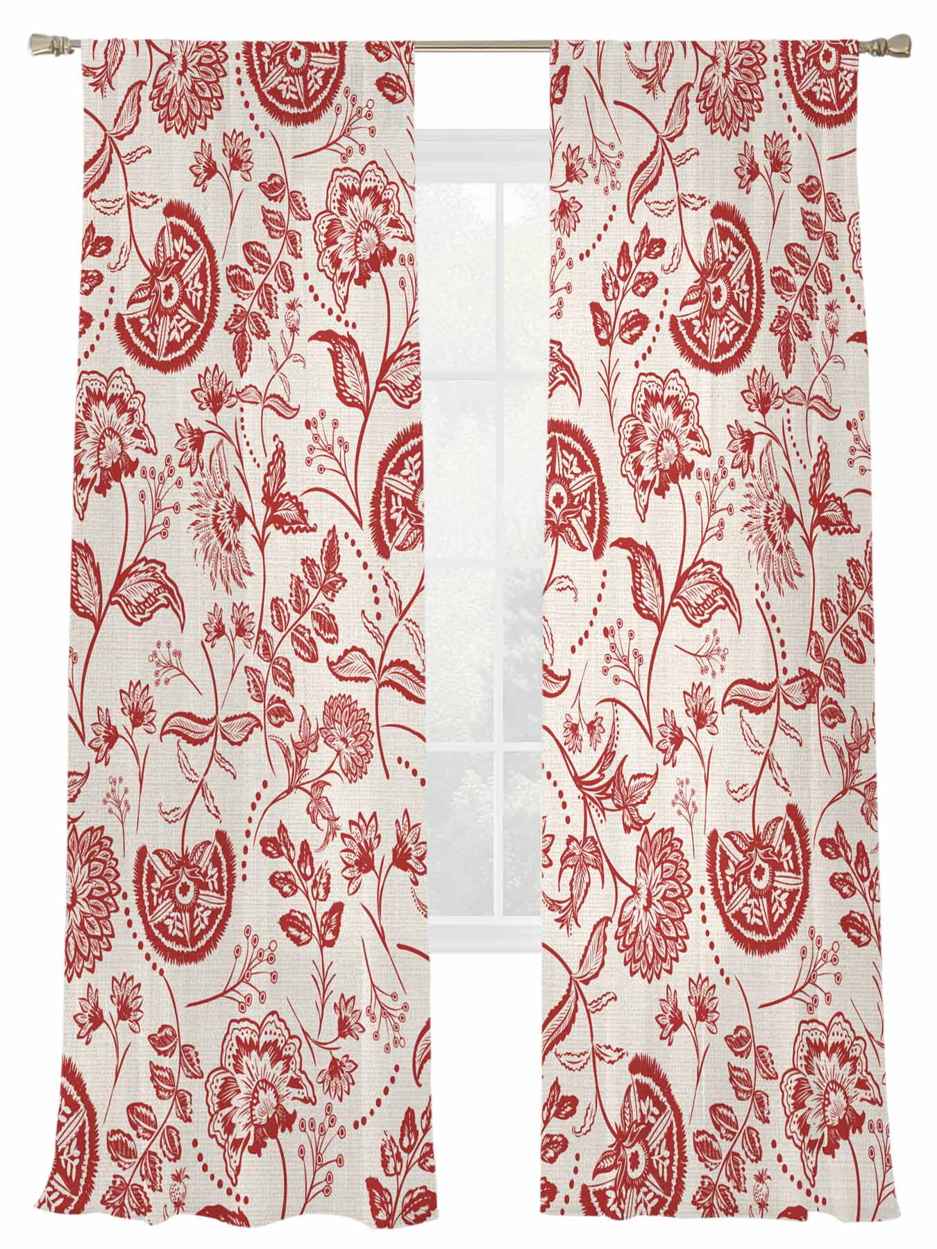 Farmhouse Red Floral Sheer Curtains 84 Inch Long 2 Panels, Linen Boho ...
