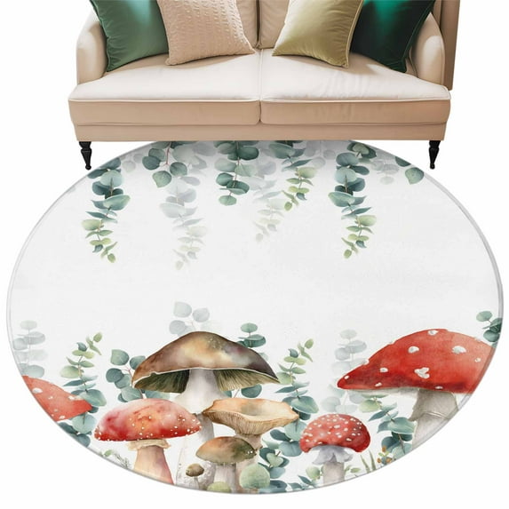 Farmhouse Red Mushrooms Washable Round Area Rug 5 ft, Green Eucalyptus Leaves Retro Plants, Soft ...