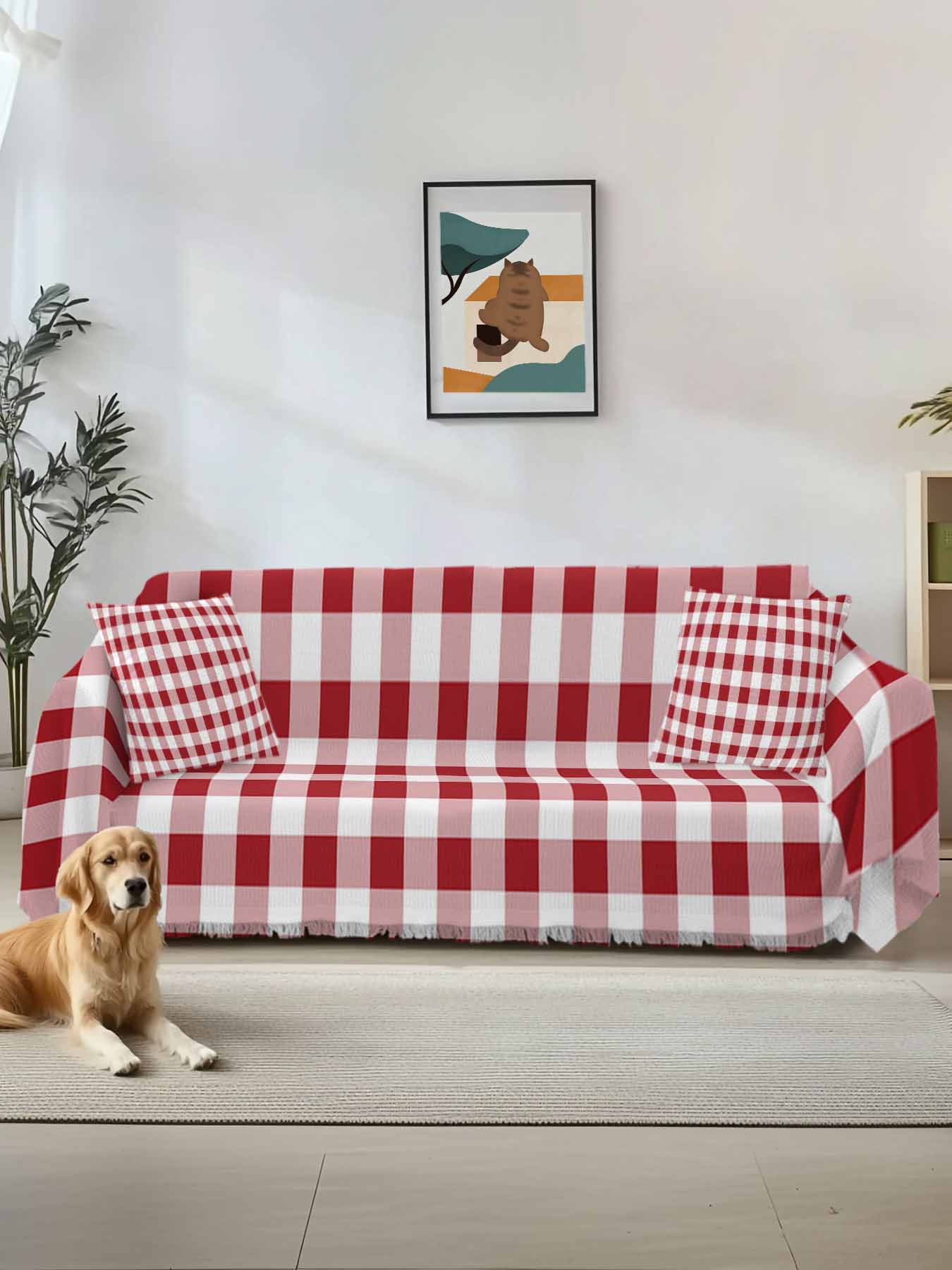 Farmhouse Red Plaid Couch Cover for 2 Cushion Sofa, Rustic Red White ...