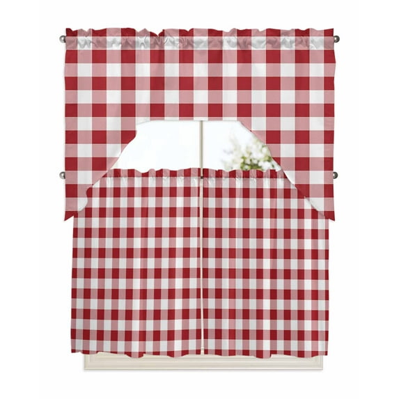 Farmhouse Red Plaid Kitchen Curtain and Valance Set 3 Pieces, Rod ...