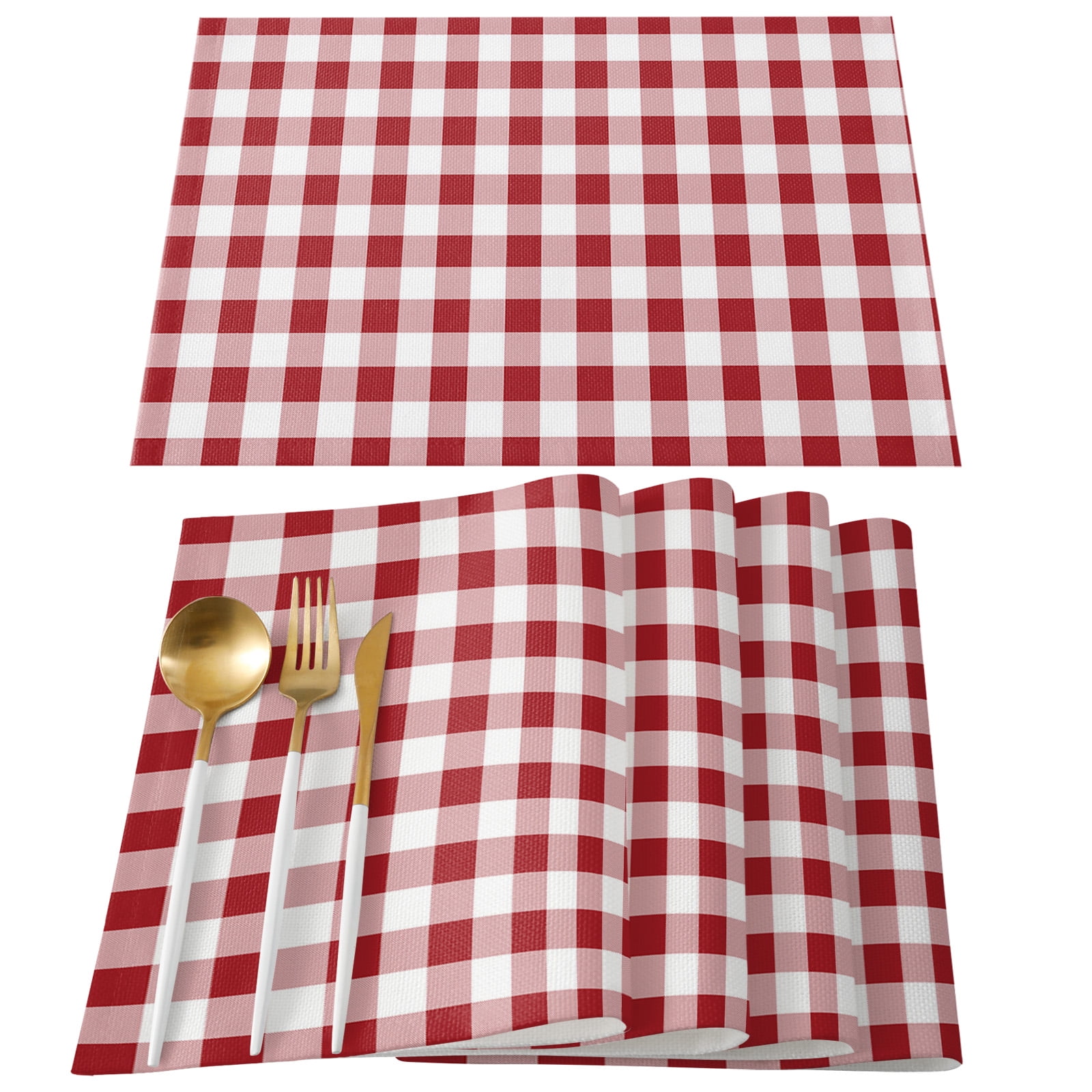 Farmhouse Red Plaid Placemats Set of 6, Rustic Red White Checkered ...