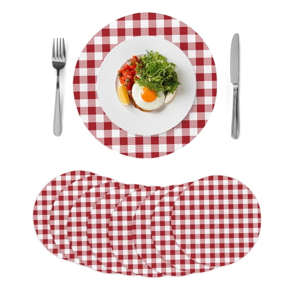 Farmhouse Red Plaid Round 15 Inch Placemats Set of 8, Rustic Red White ...