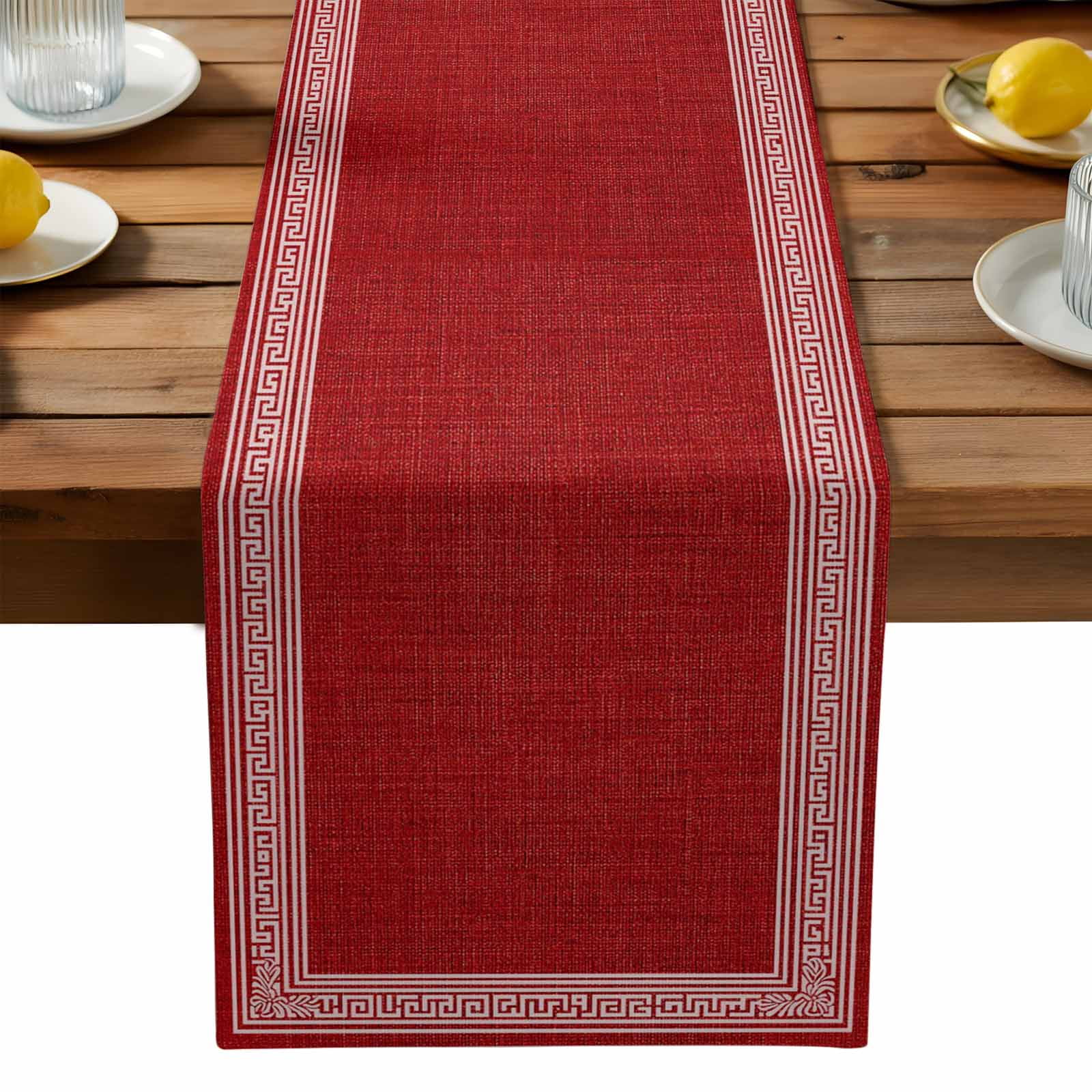 Farmhouse Red Vintage Linen Table Runner-70 Inch Long Abstract Key ...