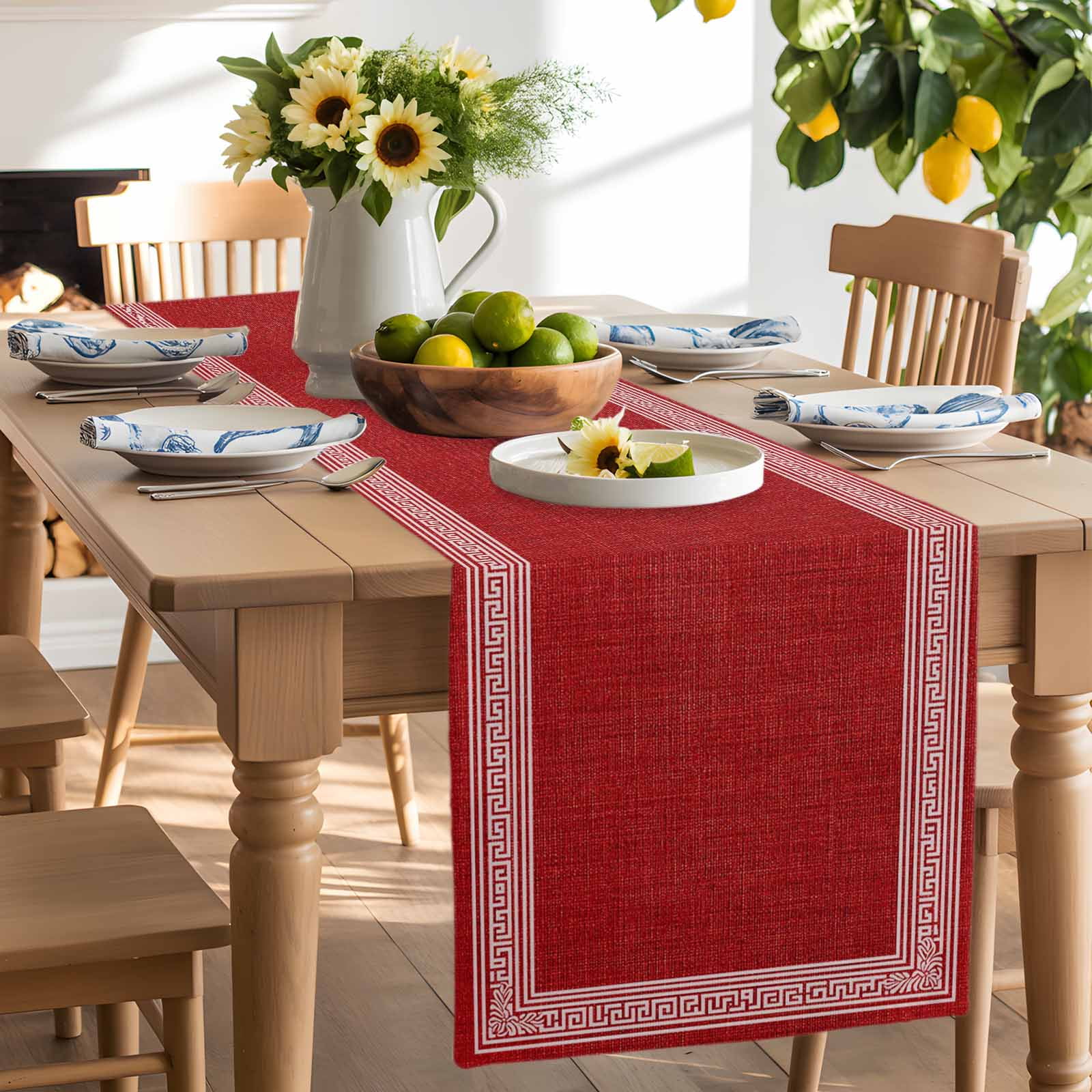 Farmhouse Red Vintage Linen Table Runner-90 Inch Long Abstract Key ...