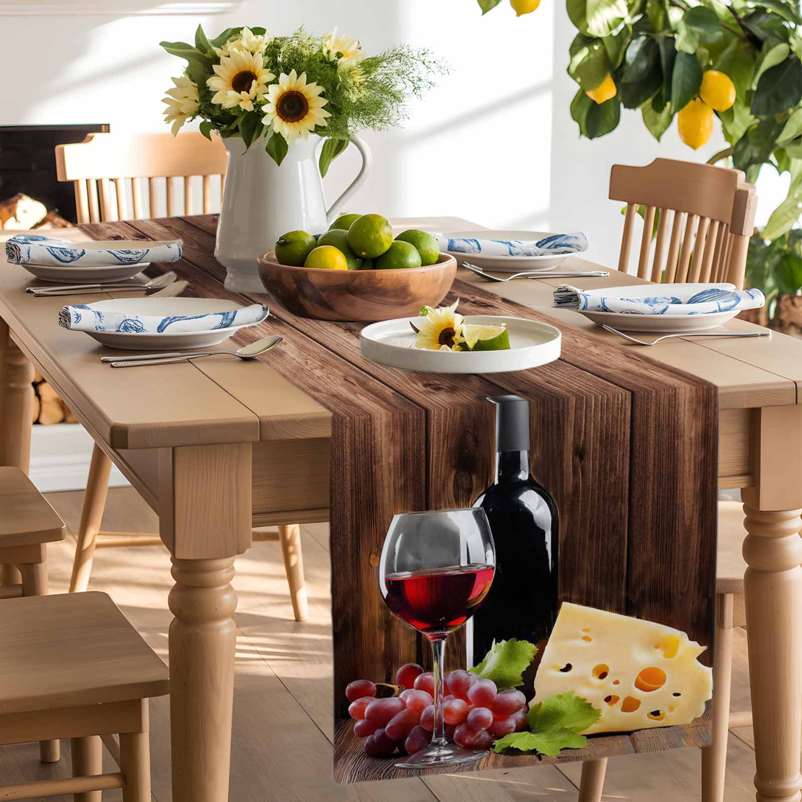Farmhouse Red Wine Rural Grape Table Runner-90 Inch Long Vintage Wooden ...