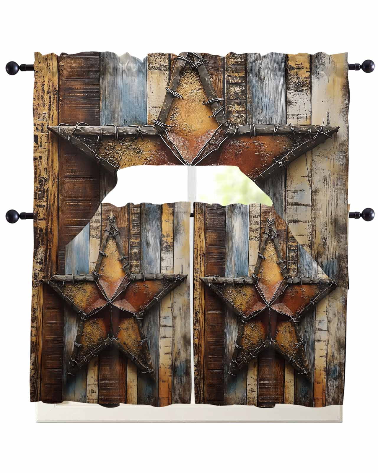 Farmhouse Retro Kitchen Curtains Swag Valance and Tier Curtains Set 24 Inch Length, Brown ...