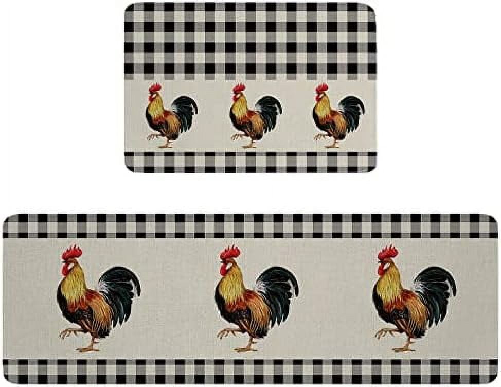 Farmhouse Retro Rooster Black and White Plaid Buffalo Kitchen Mat Rug 1 ...
