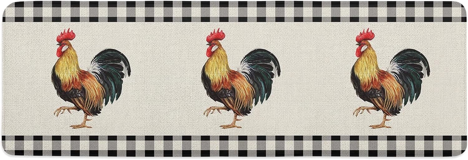 Farmhouse Retro Rooster Black and White Plaid Buffalo Kitchen Mat Rug 1 ...