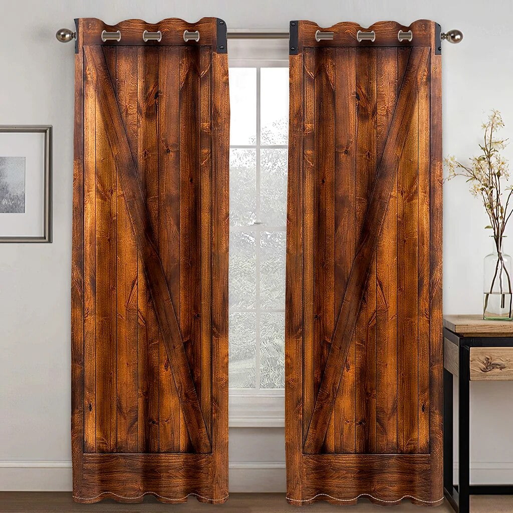 Farmhouse Retro Rustic Old Vintage Wood Door Two Thick Window Curtains ...