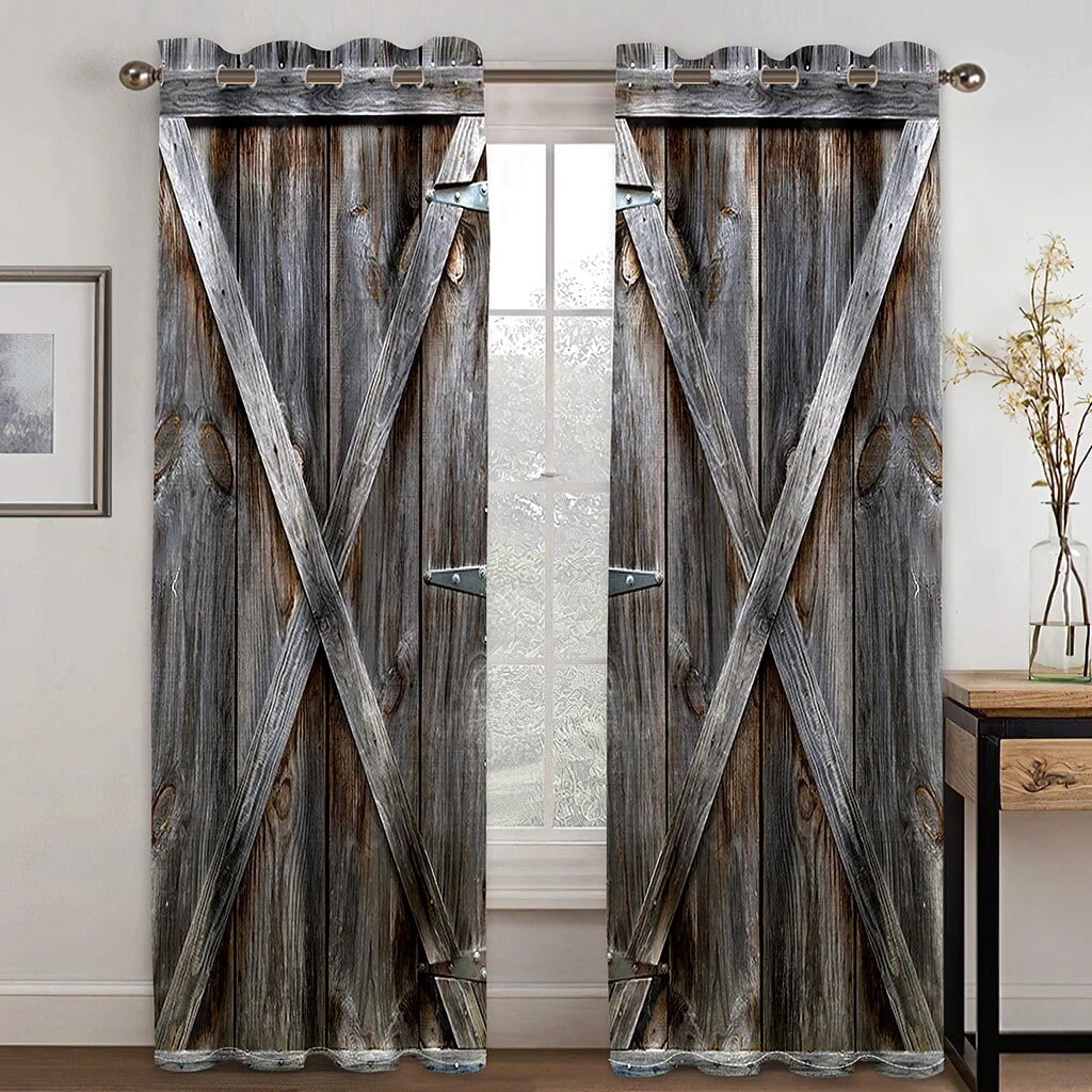 Farmhouse Retro Rustic Old Vintage Wood Door Two Thick Window Curtains ...