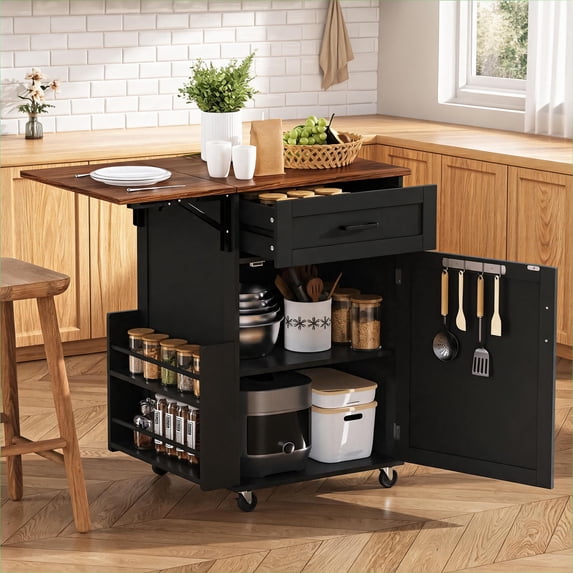 Farmhouse Rolling Kitchen Island with Drop Leaf and Storage Rack, Deep ...