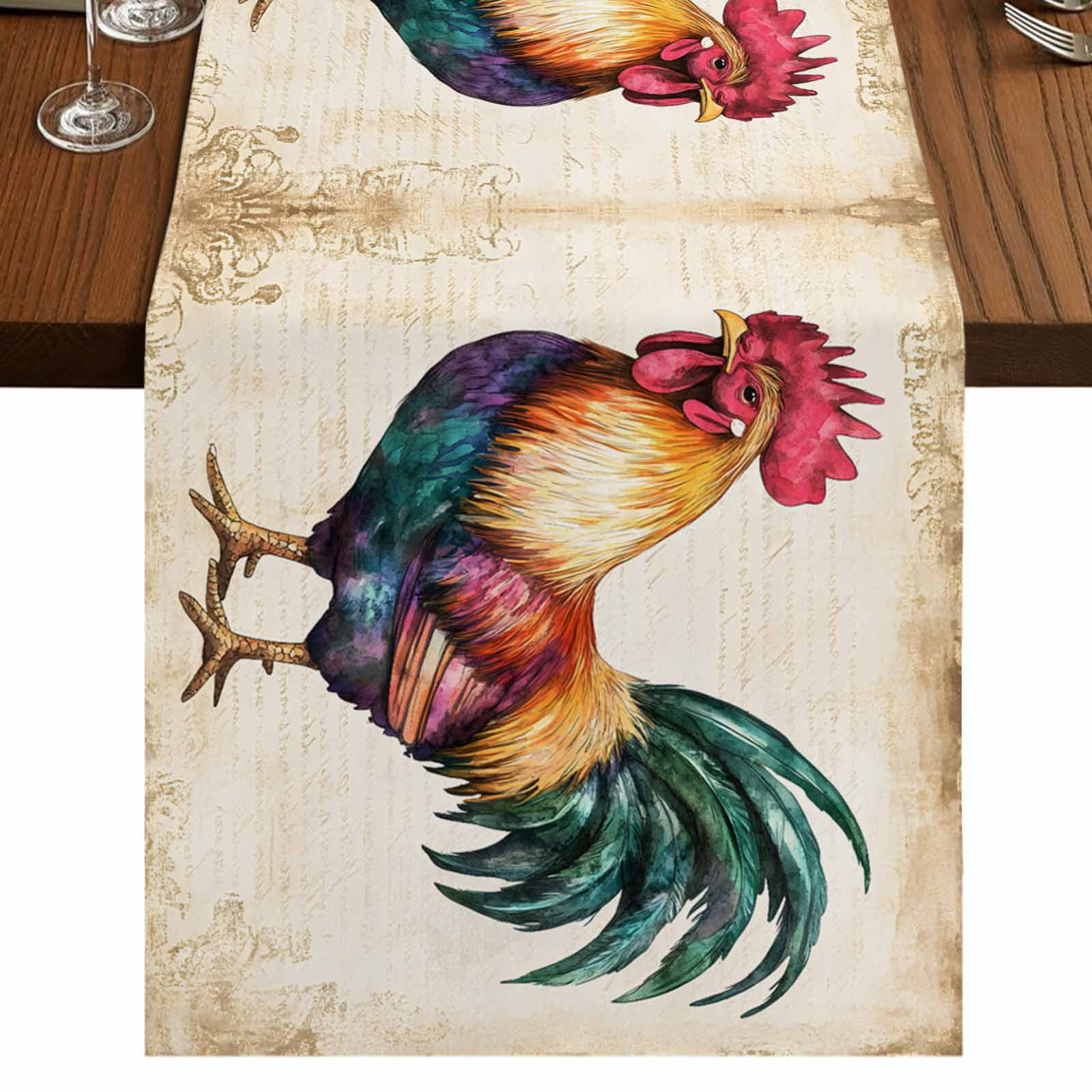 Farmhouse Rooster 120 Inch Table Runner, Vintage Country Animal Prints ...