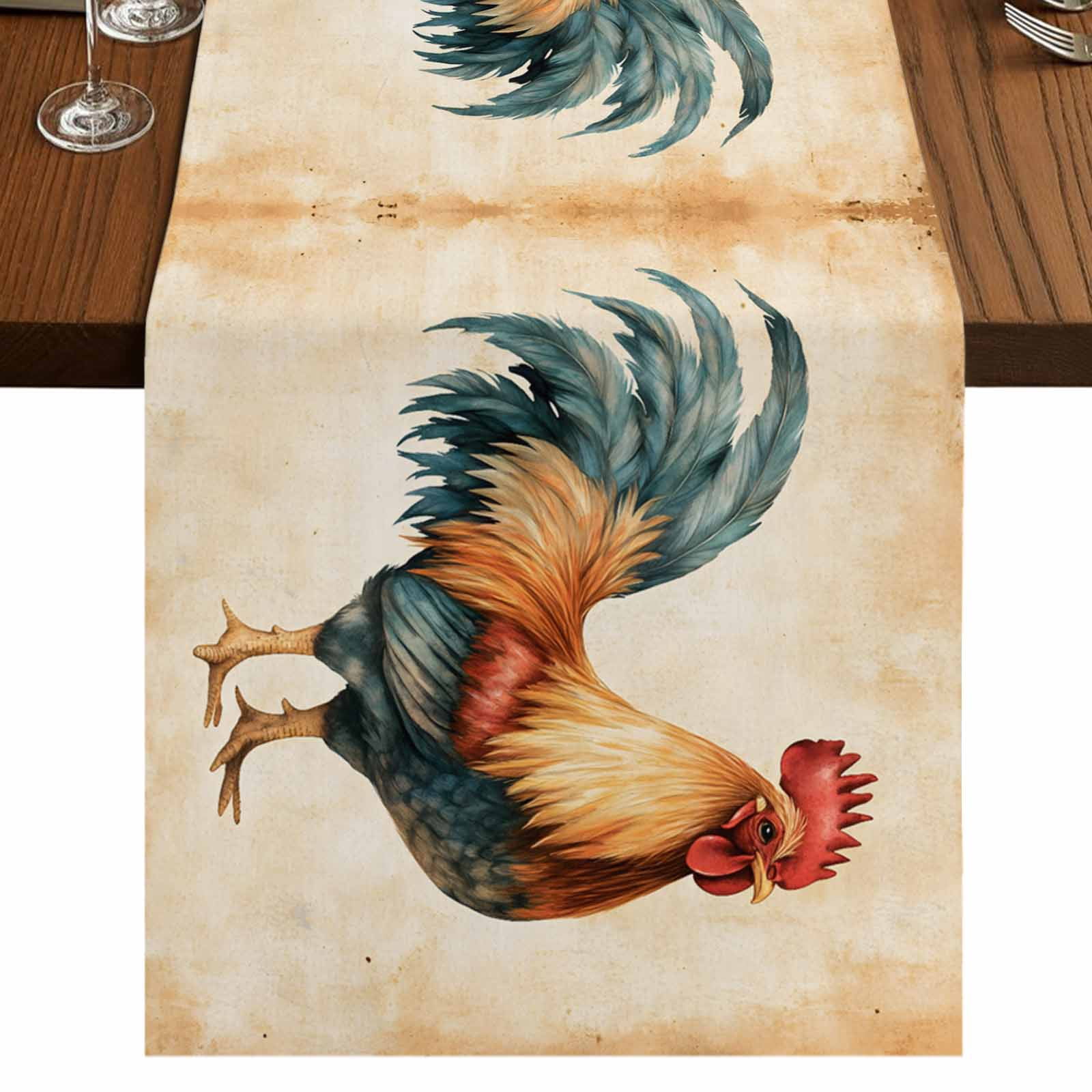 Farmhouse Rooster 70 Inch Table Runner, Vintage Country Animals Print ...