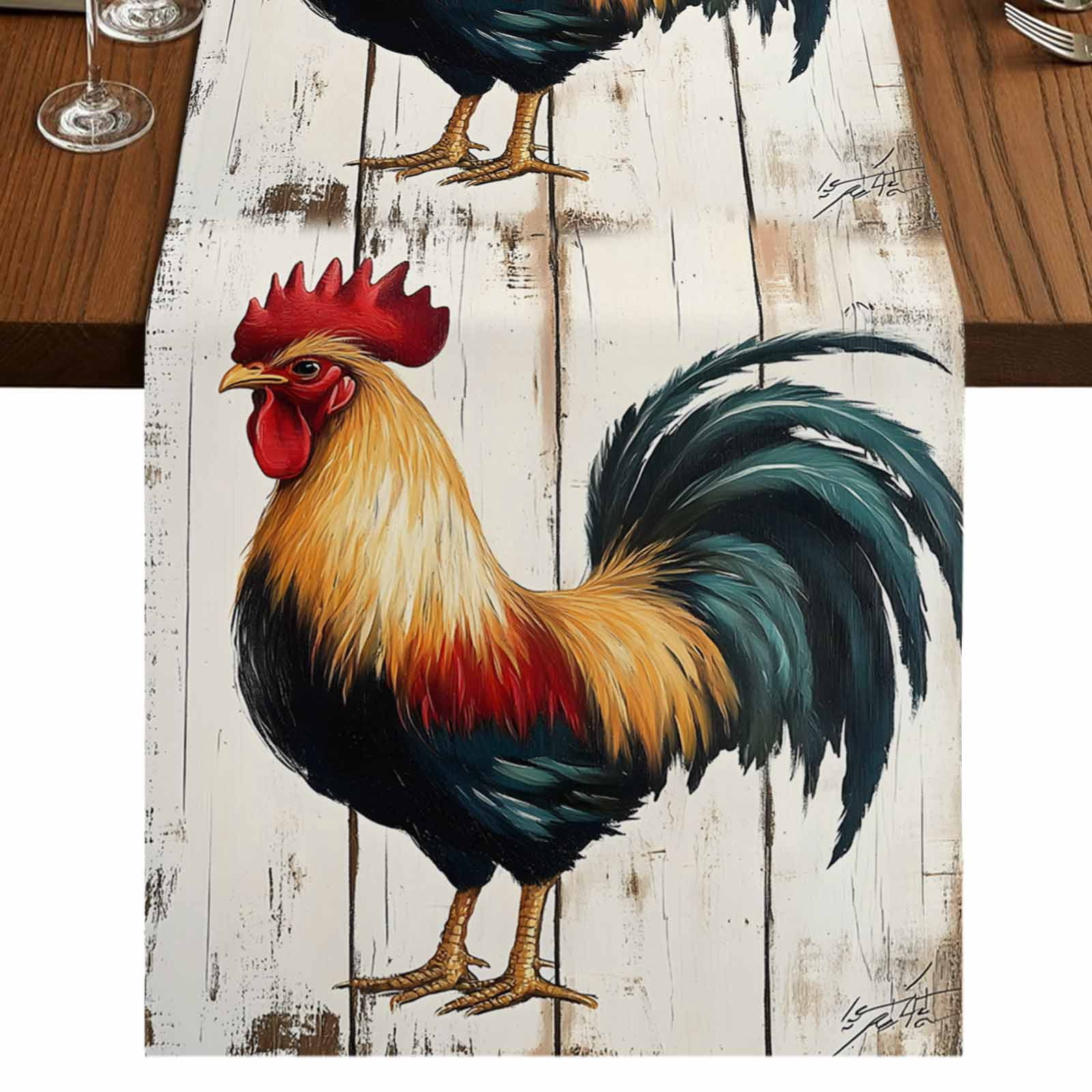 Farmhouse Rooster 72 Inch Table Runner, Vintage Farm Animals Green Red ...