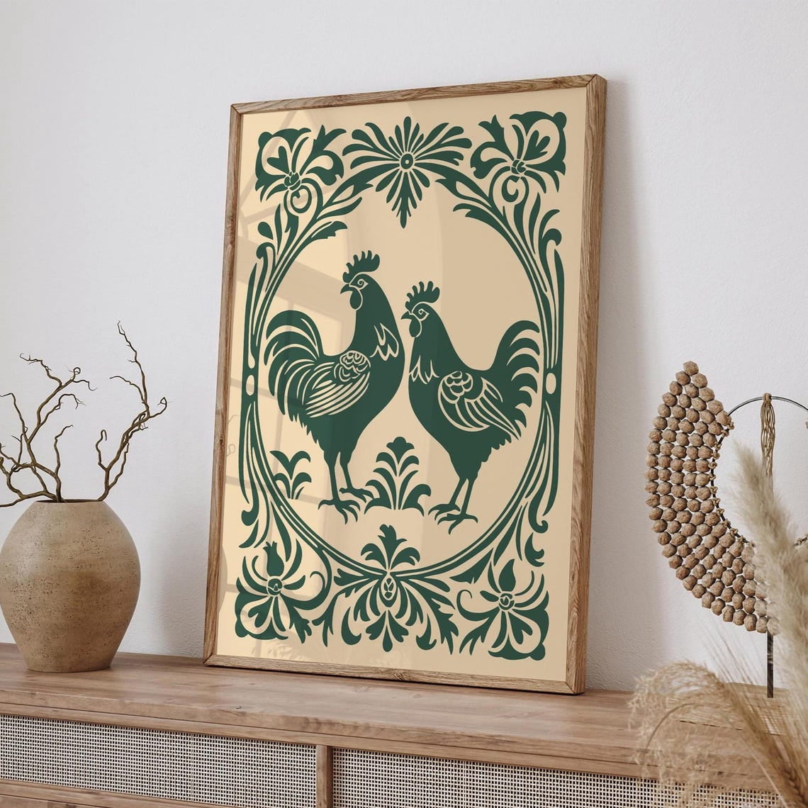 Farmhouse Rooster And Hen Poster Rustic Kitchen Folk Art, Unframed ...
