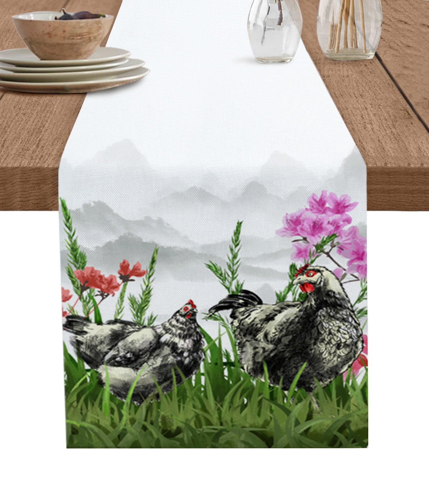 Farmhouse Rooster Animal Table Runner 72 Inches, Country Plant Floral ...