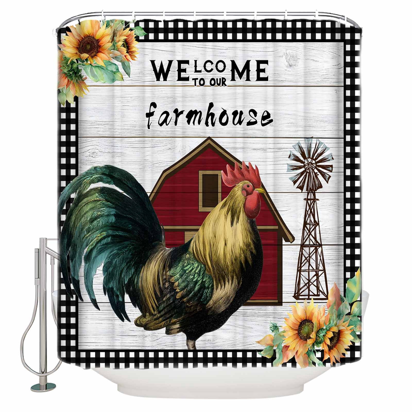 Farmhouse Rooster Bathroom Shower Curtains with 12 Hooks Polyester ...