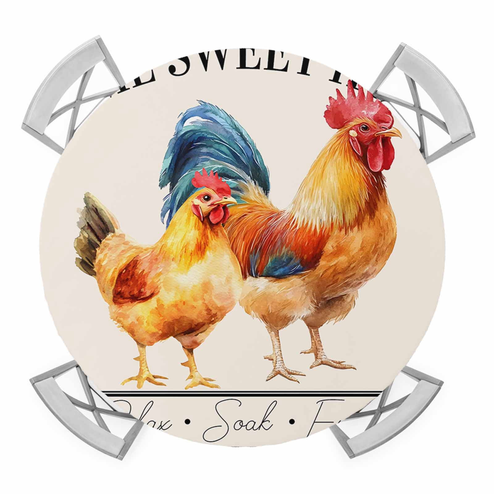 Farmhouse Rooster Chicken Elastic Fitted Round Table Cover Watercolor ...