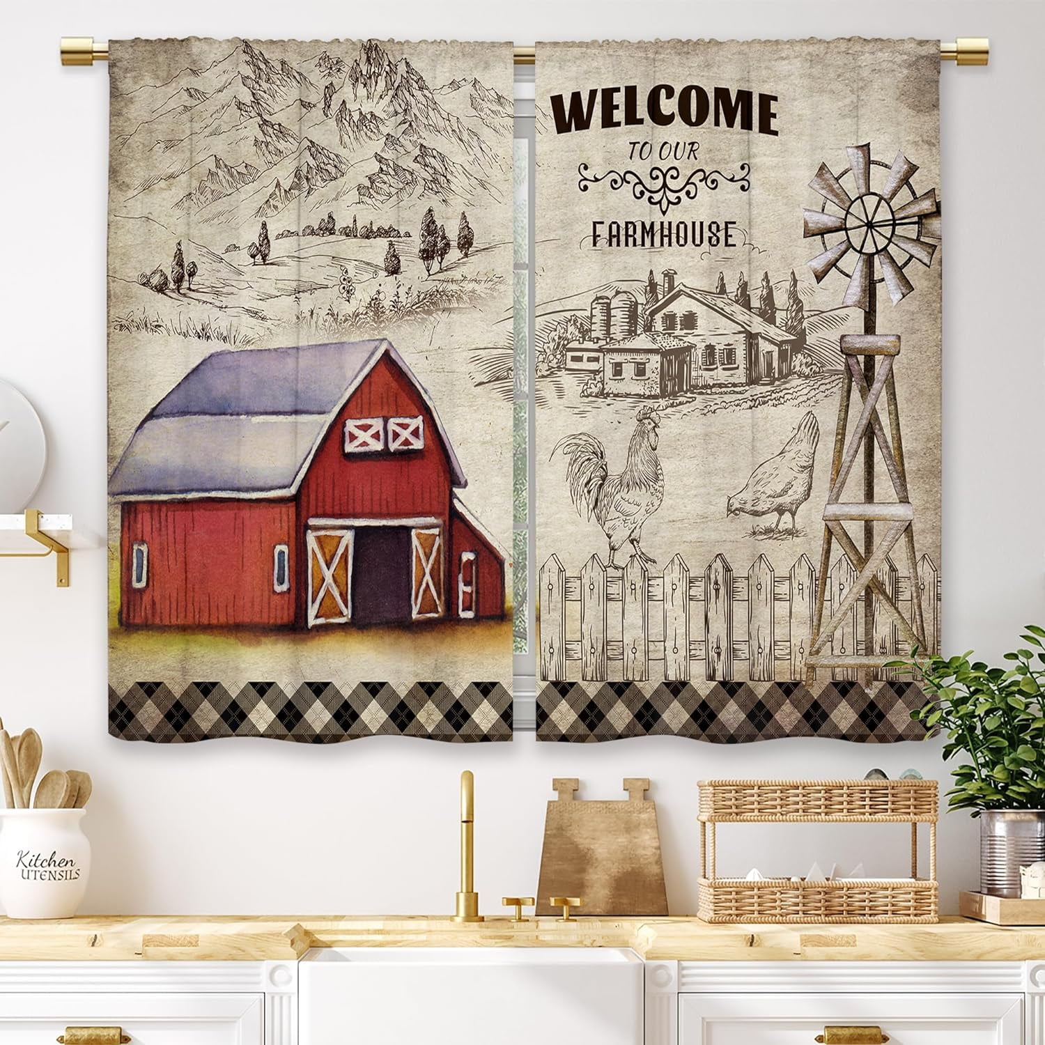 Farmhouse Rooster Farm Kitchen Curtains Country Retro Vintage Mountain ...