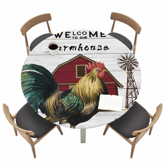 Farmhouse Rooster Fitted Tablecloth with Elastic Edged, Round Table ...