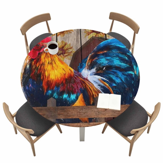 Farmhouse Rooster Fitted Tablecloth with Elastic Edged, Round Table ...