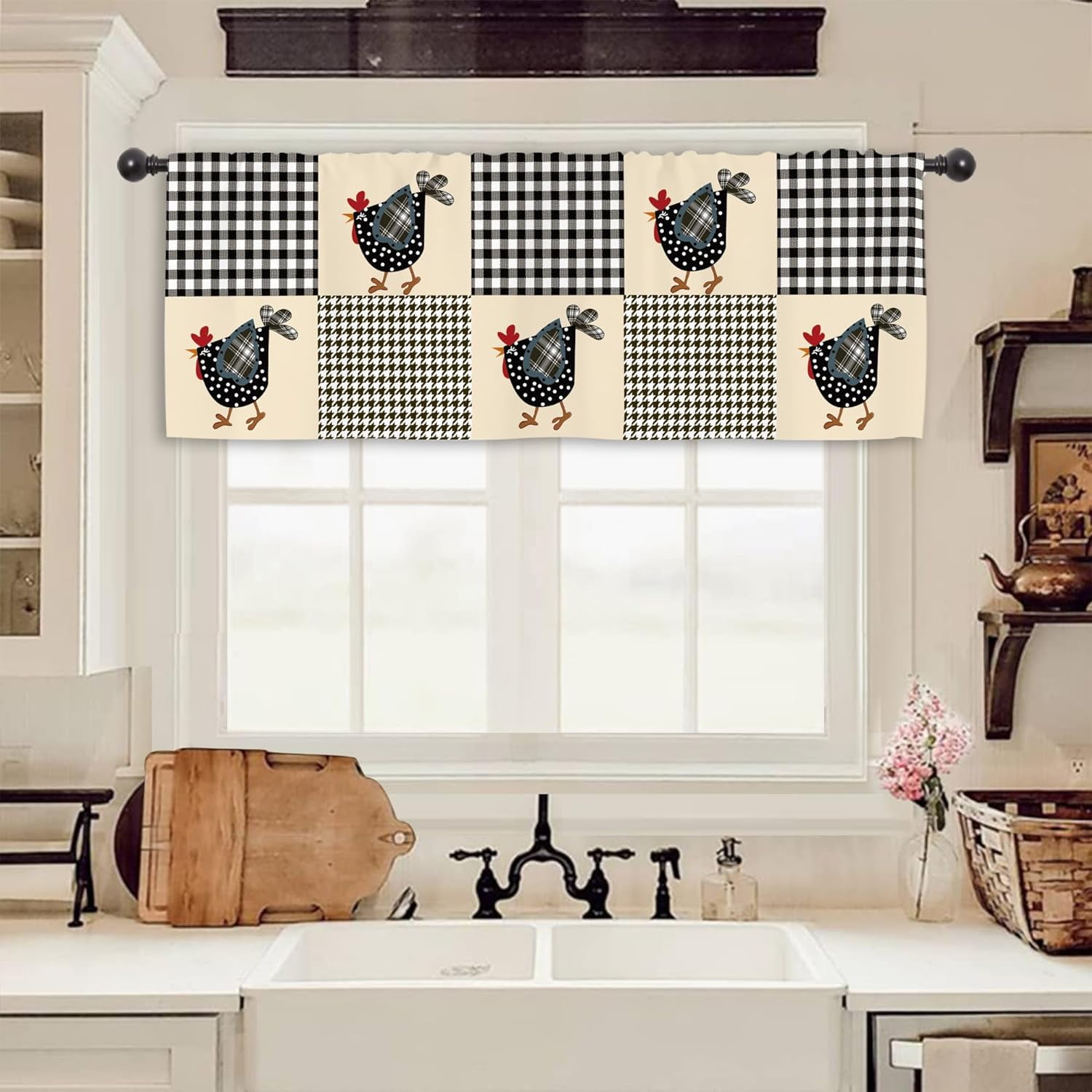 Farmhouse Rooster Kitchen Curtain Valance 54W x 18H Rod Pocket Chicken ...