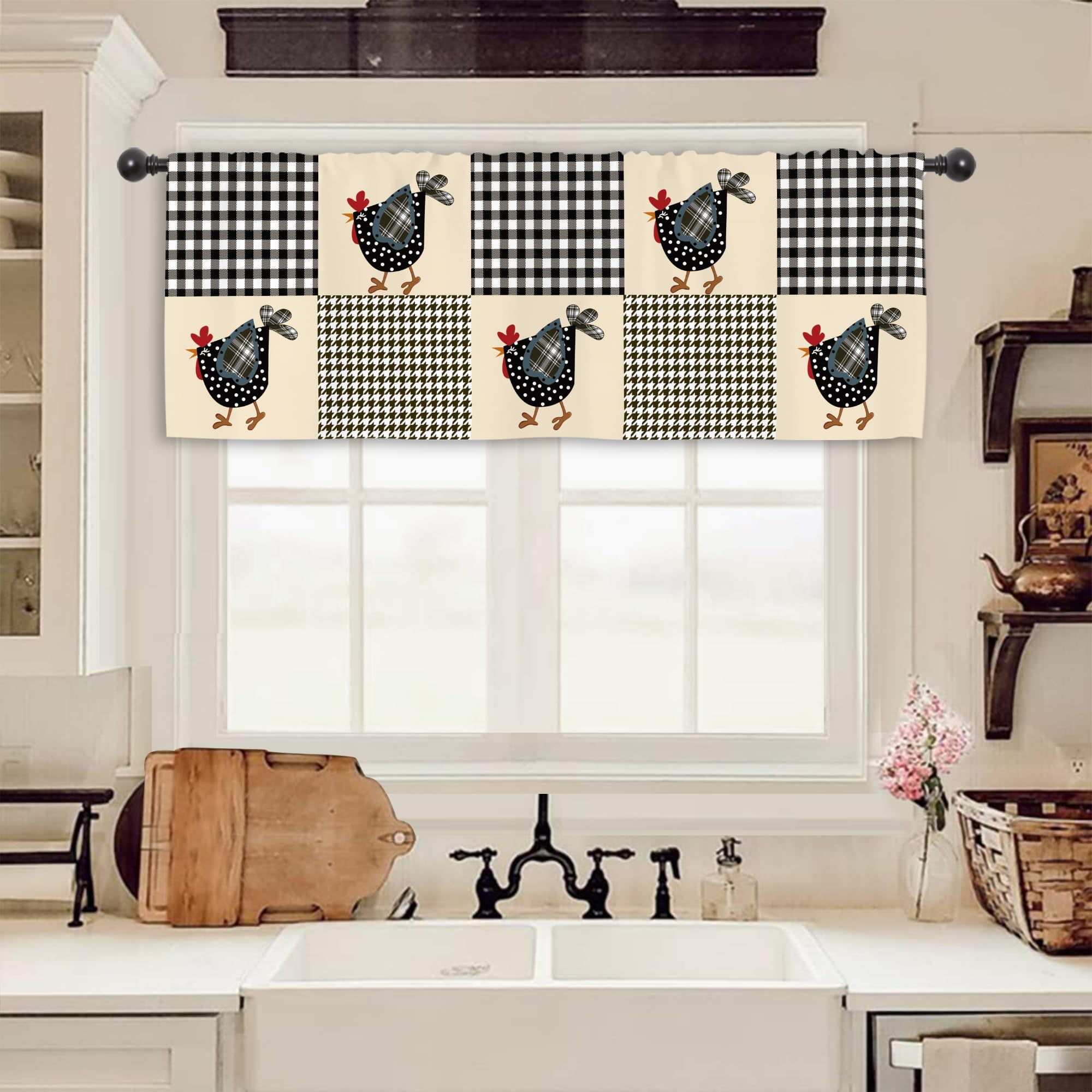 Farmhouse Rooster Kitchen Curtain Valance Rod Pocket Chicken Farm ...