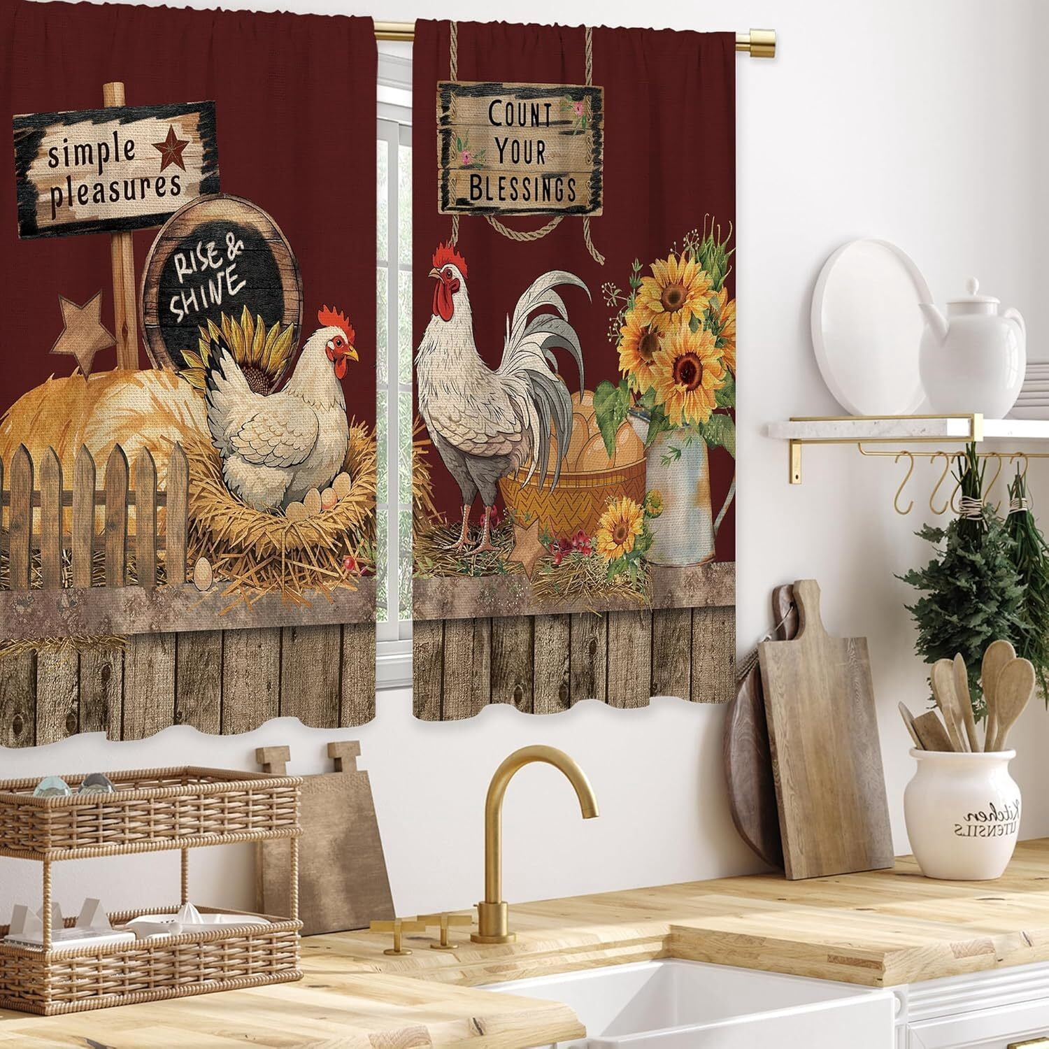 Farmhouse Rooster Kitchen Curtains Rustic Country Bathroom Curtains ...