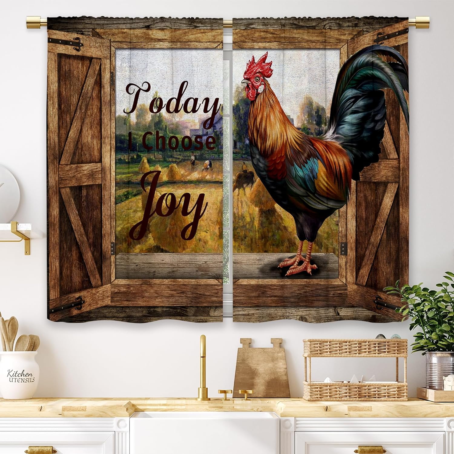 Farmhouse Rooster Kitchen Curtains Rustic Wooden Barn Small Short Cafe ...