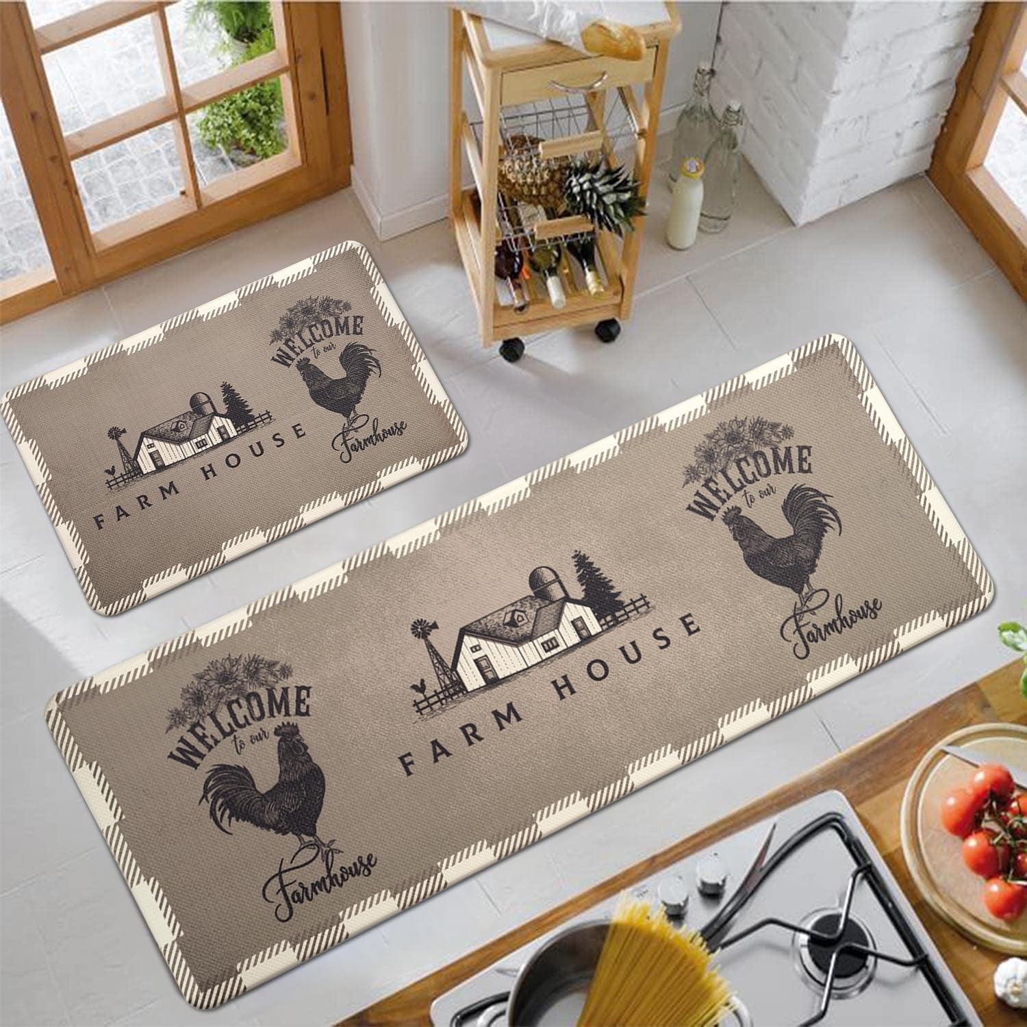 Farmhouse Rooster Kitchen Rugs and Mats 2 Piece,Buffalo Plaid ...