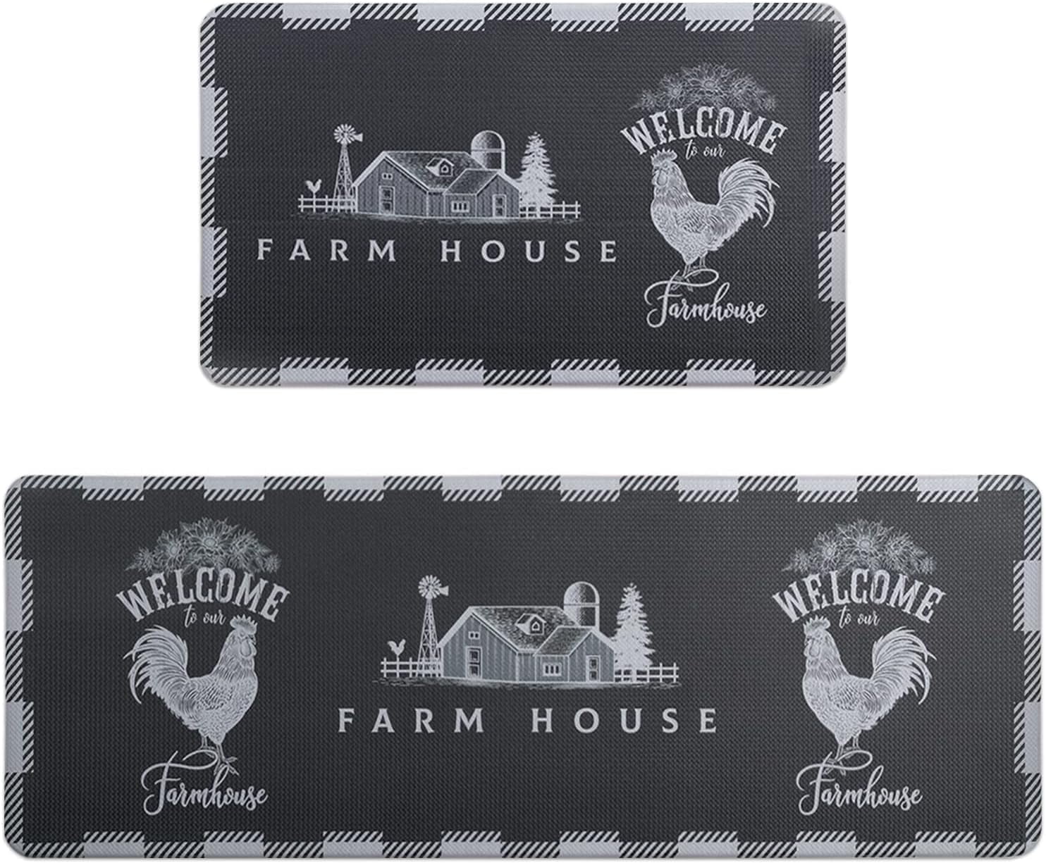 Farmhouse Rooster Kitchen Rugs and Mats 2 Piece,Buffalo Plaid ...