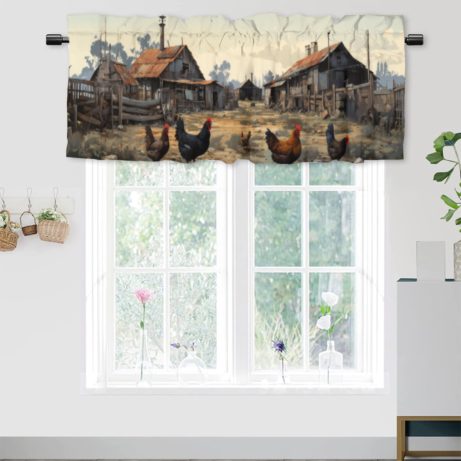 Farmhouse Rooster Kitchen Valance Curtains Country Animals in Vintage ...