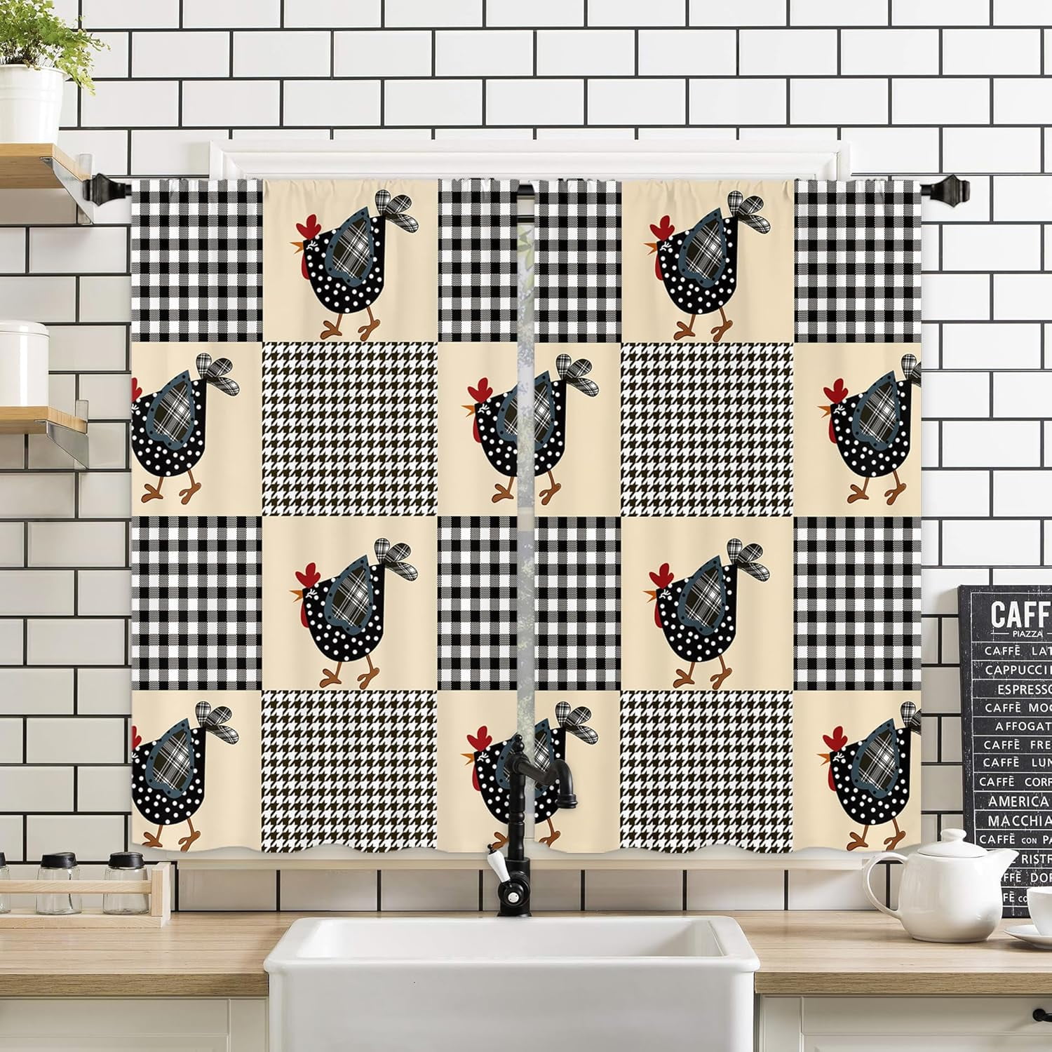 Farmhouse Rooster Kitchen Window Curtains 2 Panels 27.5W x 39H Rod ...