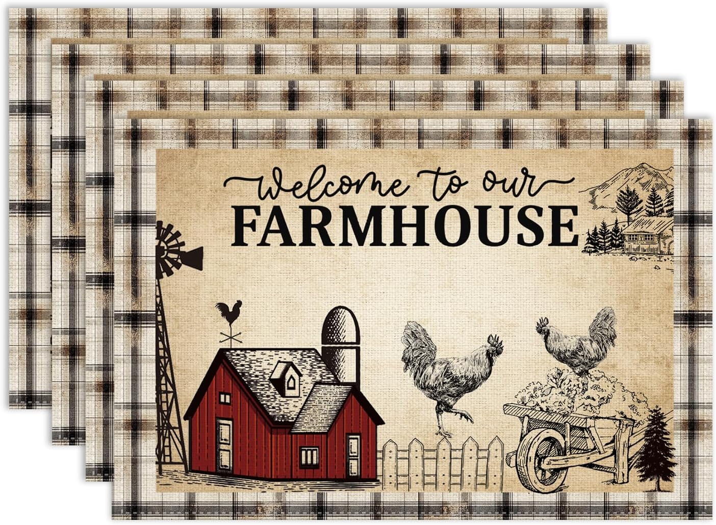 Farmhouse Rooster Placemat Set of 4, 12x18 Inch Rustic Brown Buffalo ...