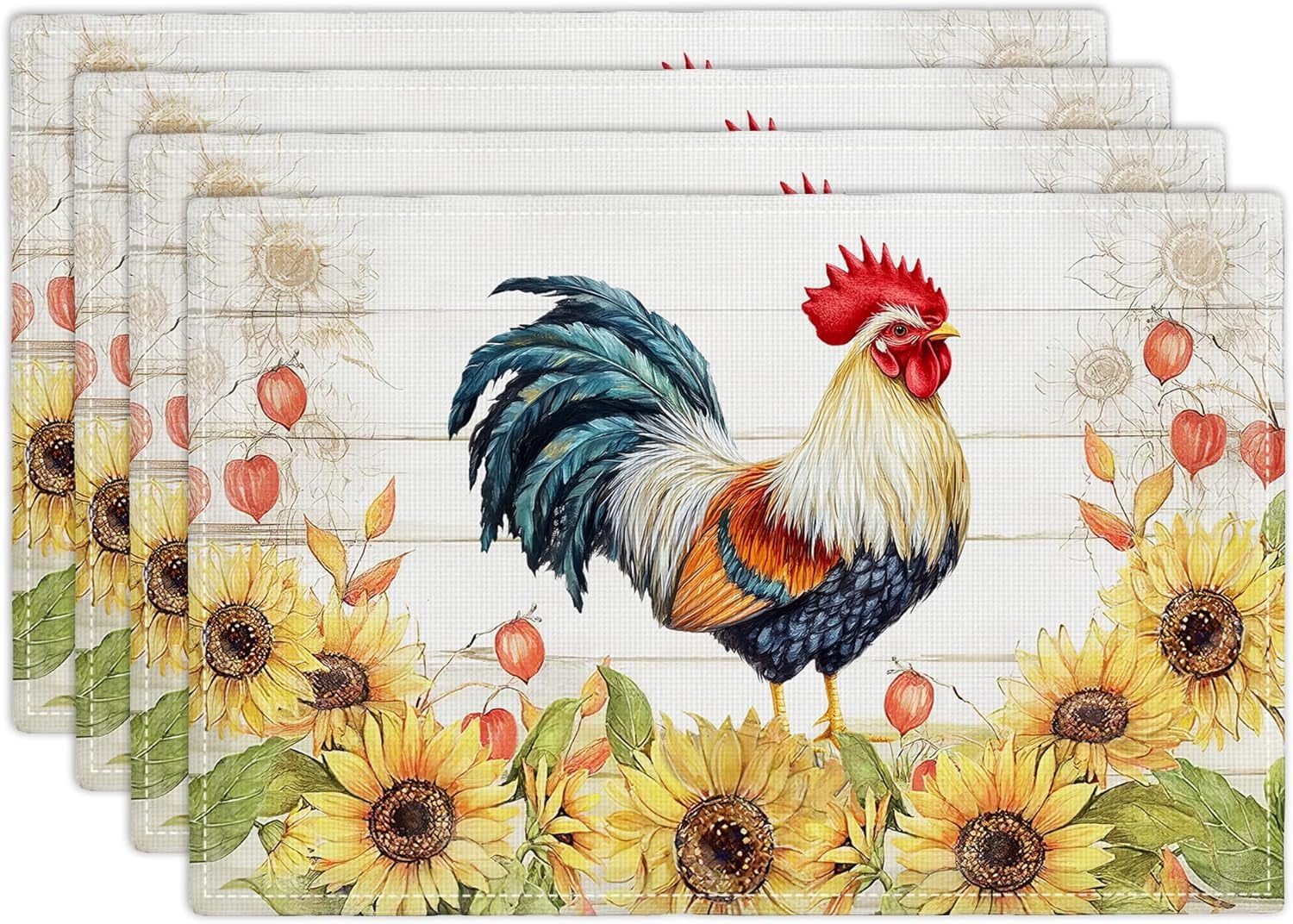 Farmhouse Rooster Placemats Set of 4, 12x18 Inch Country Chicken Table ...