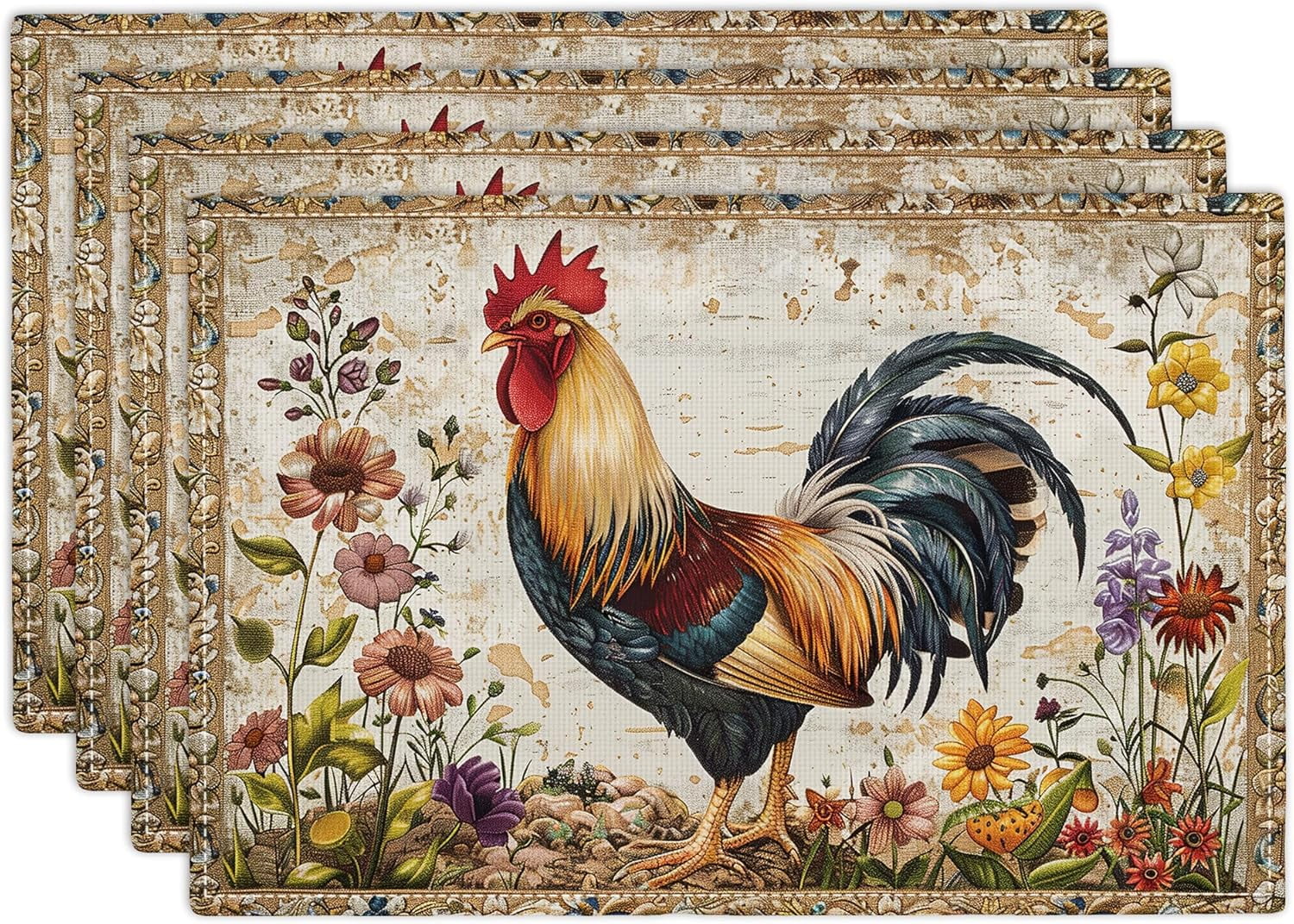Farmhouse Rooster Placemats Set of 4 Rustic Chicken Imitation Linen ...