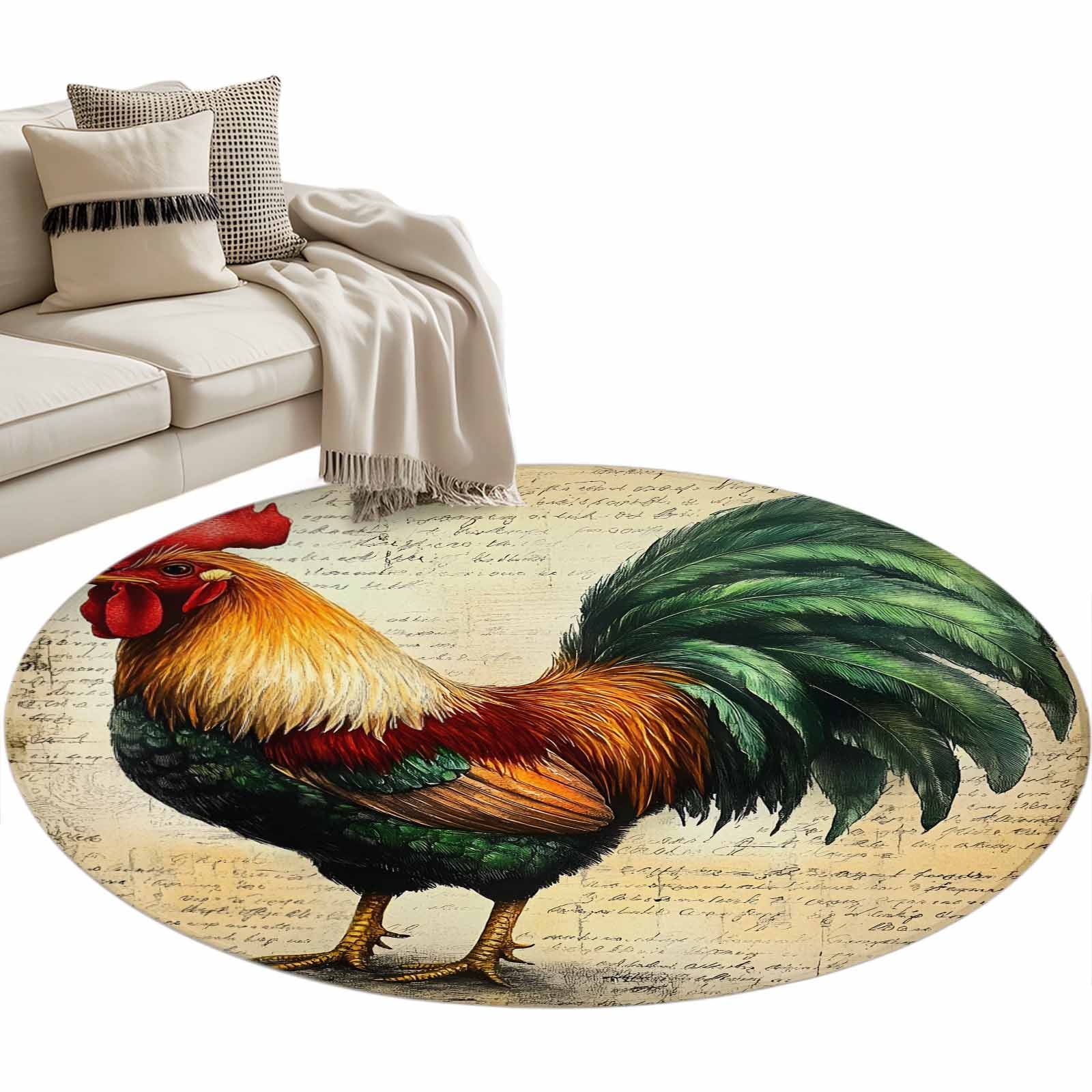 Farmhouse Rooster Round Area Rug 4ft Vintage Rustic Country Chicken Non ...