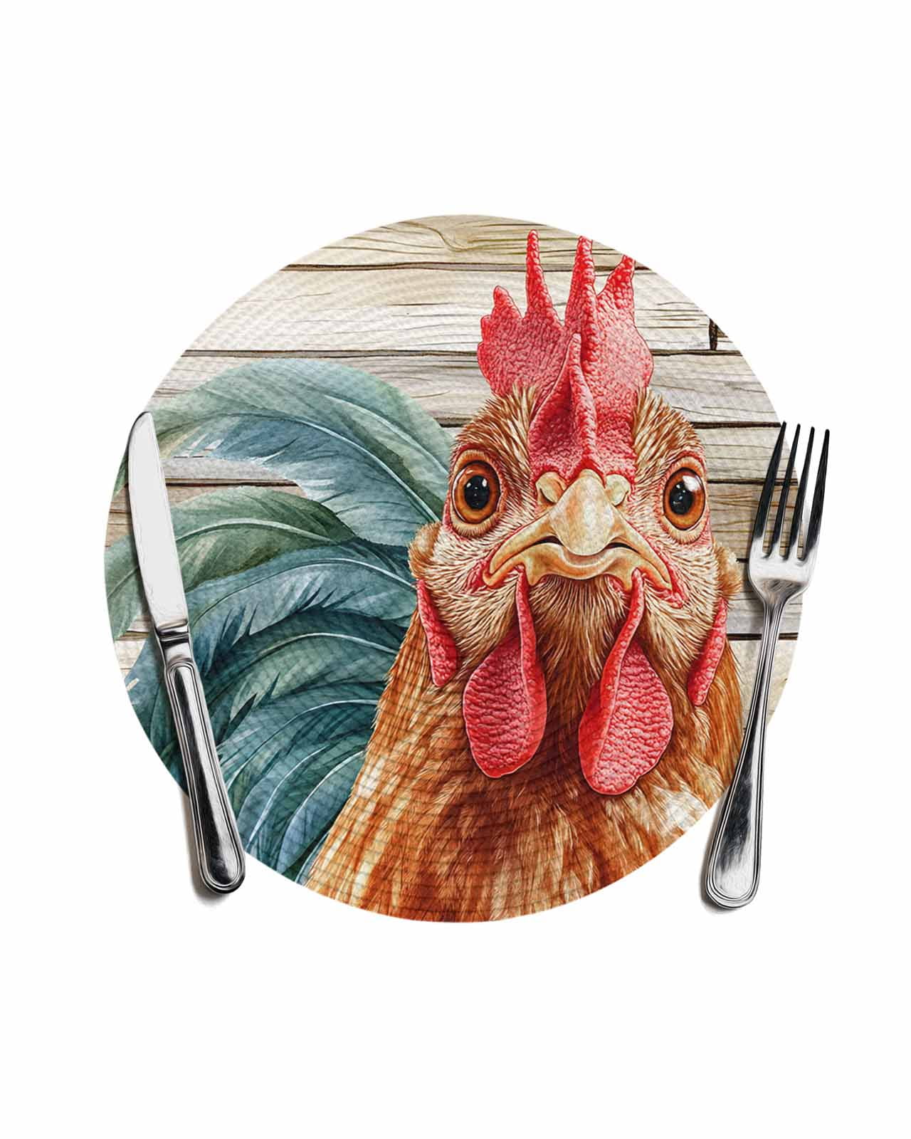 Farmhouse Rooster Round Table Placemats 1 pc, Rustic Wood Texture ...