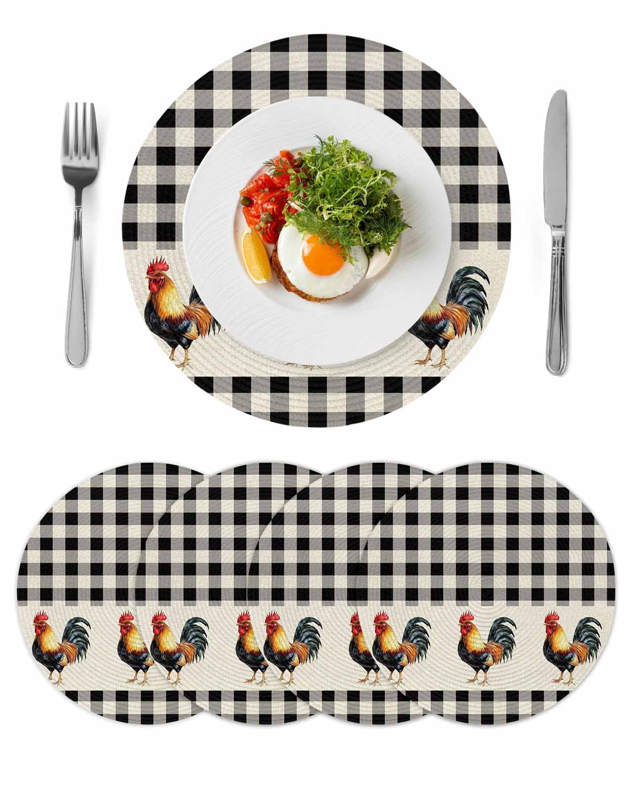 Farmhouse Rooster Round Table Placemats set of 4, Vintage Black White ...