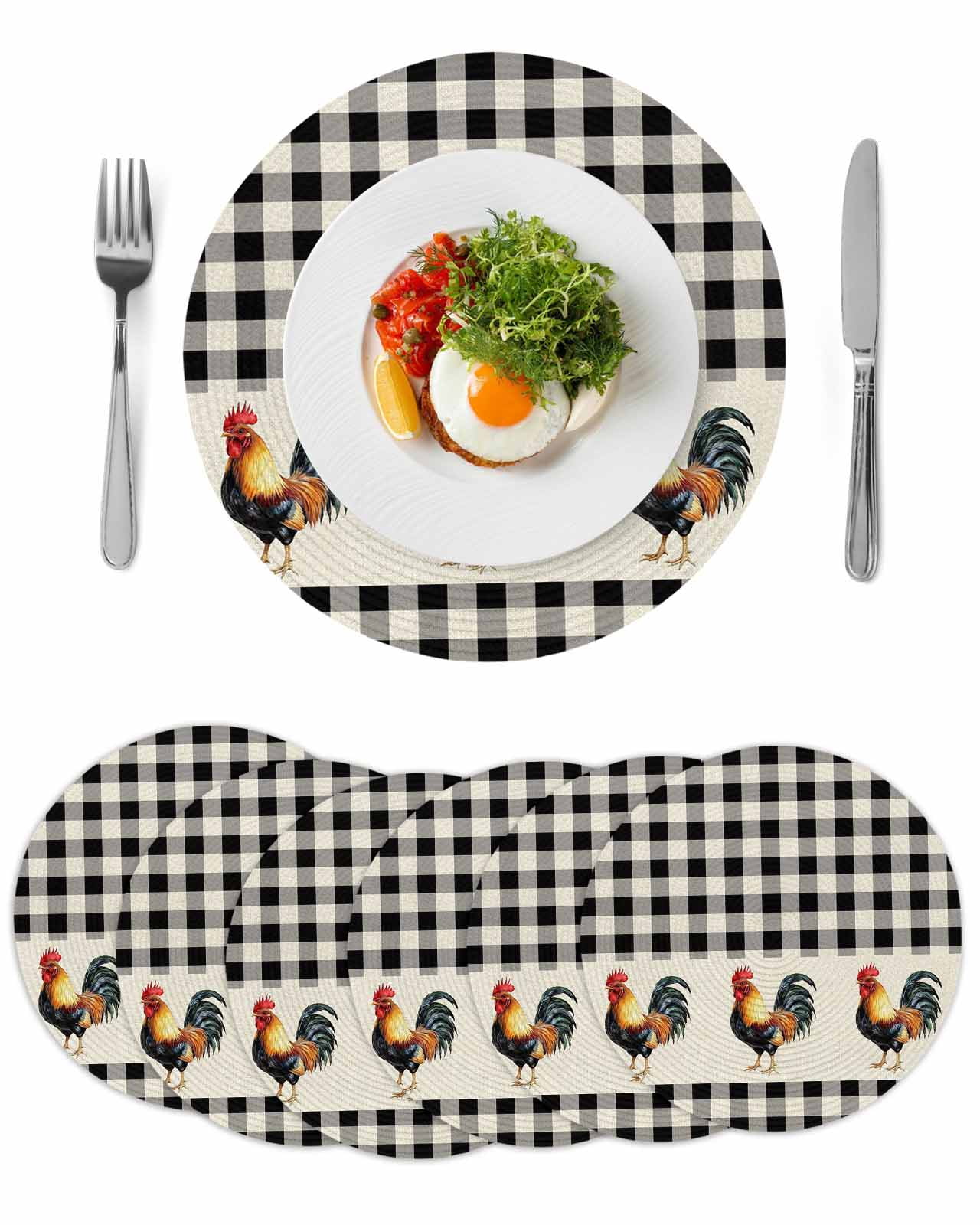 Farmhouse Rooster Round Table Placemats set of 6, Vintage Black White ...
