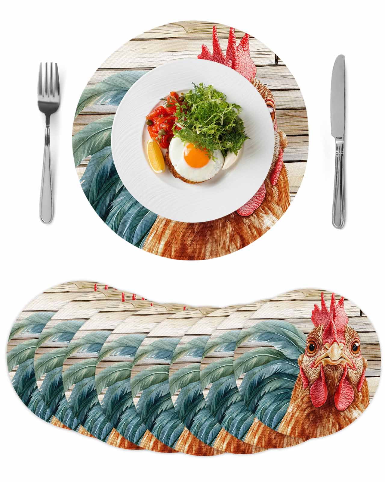 Farmhouse Rooster Round Table Placemats set of 8, Rustic Wood Texture ...