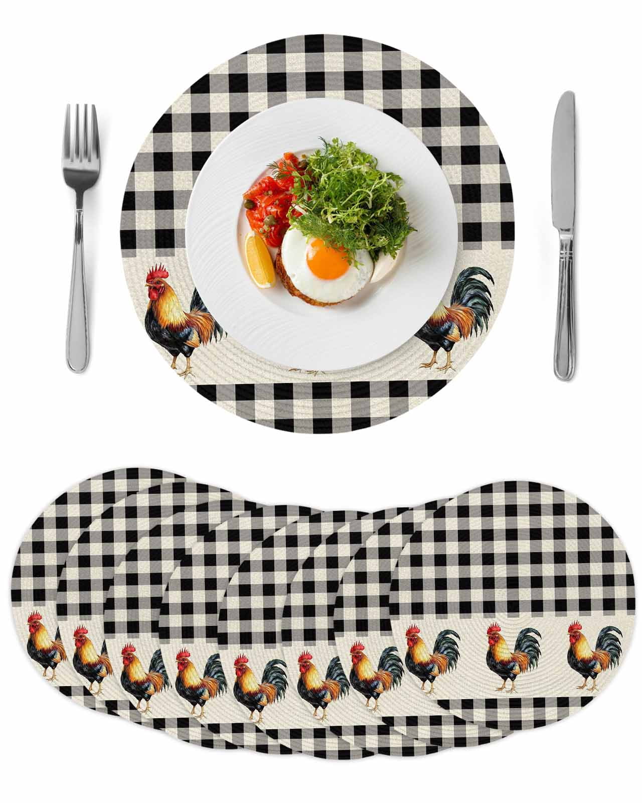 Farmhouse Rooster Round Table Placemats set of 8, Vintage Black White ...
