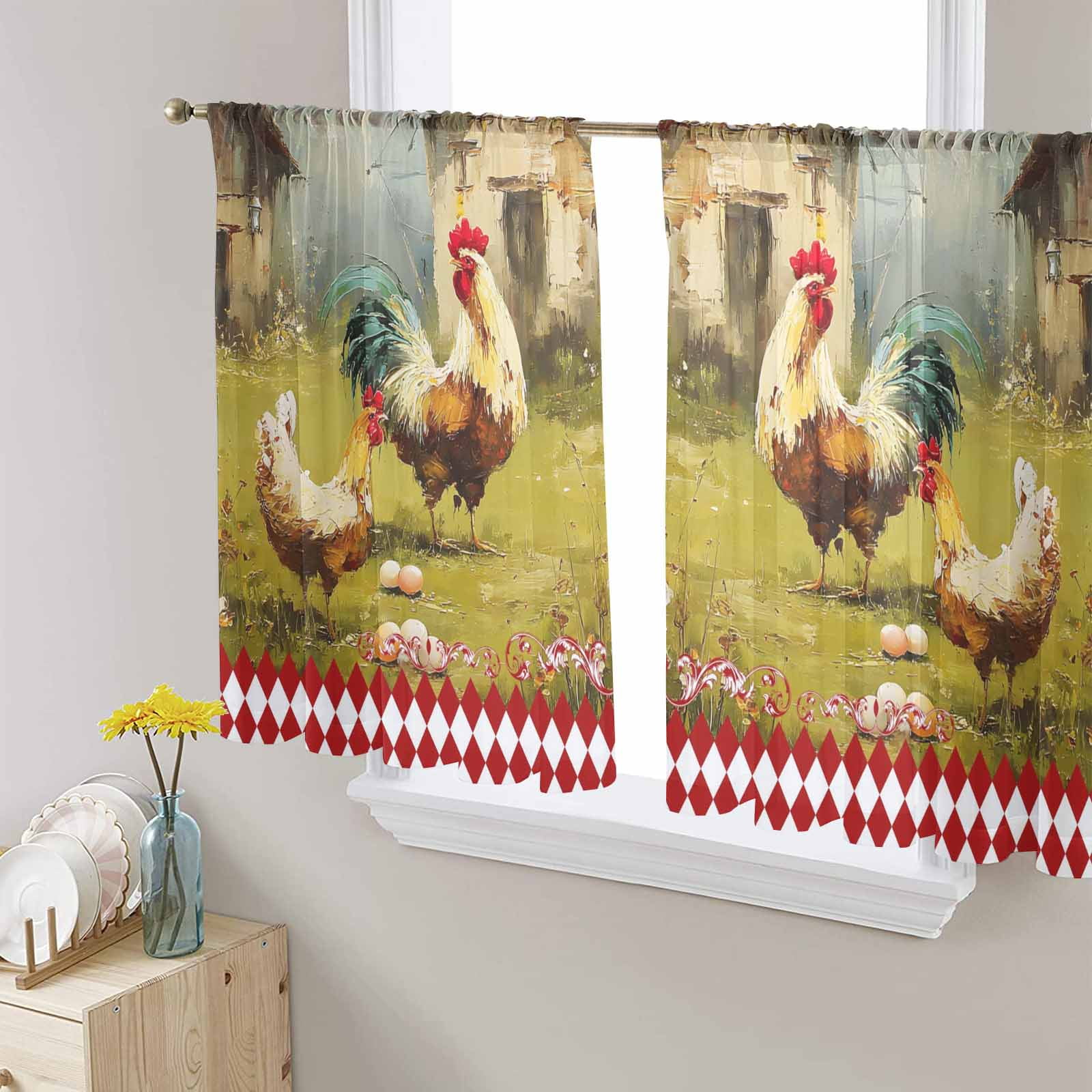 Farmhouse Rooster Sheer Curtains 54 Inches Length 2 Panels Set, Window ...